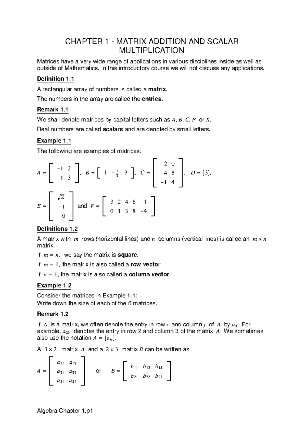Algebra Unit 1 CHAPTER 1 MATRIX ADDITION AND SCALAR MULTIPLICATION