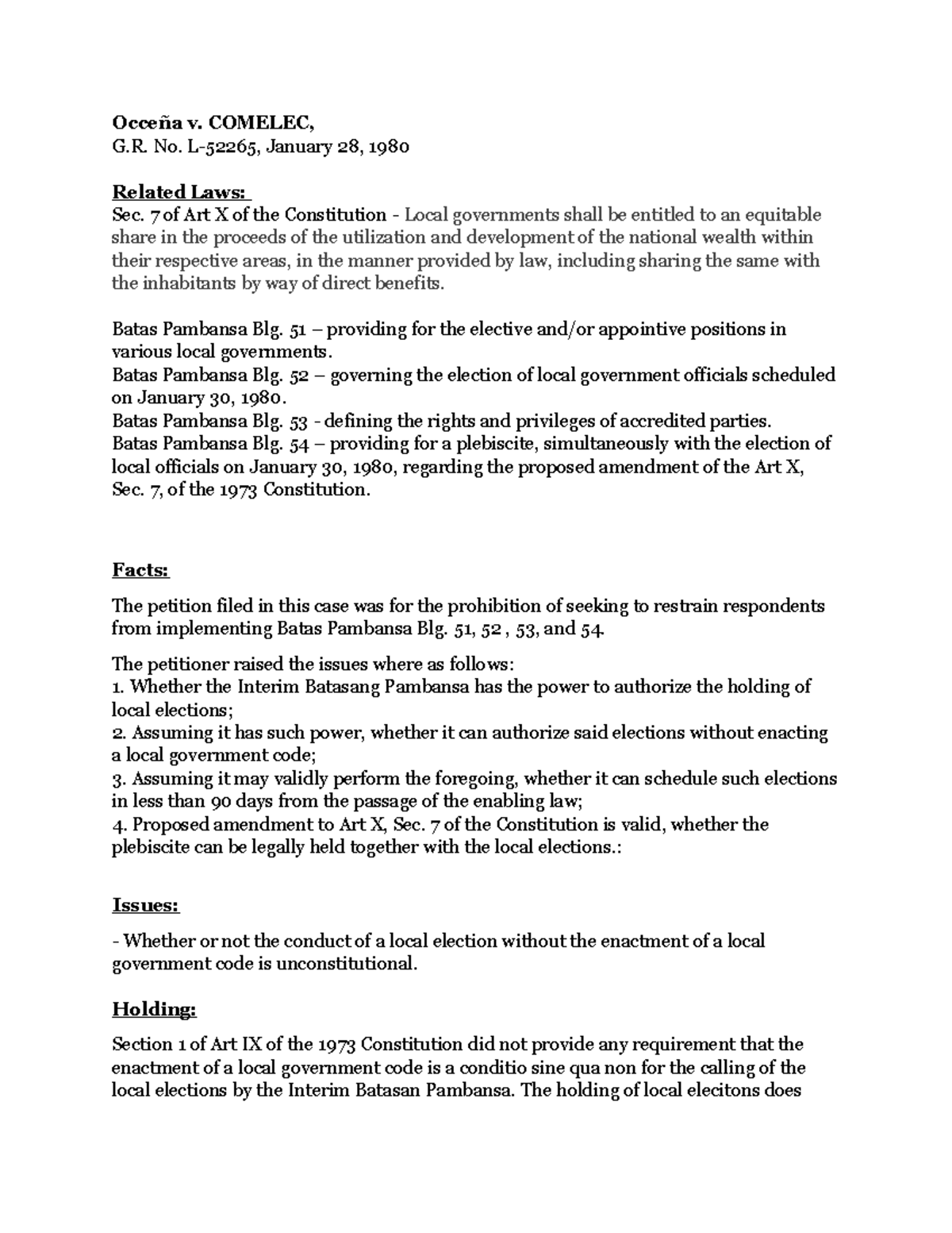 Occena v Comelec 2nd Case Brief - Occeña v. COMELEC, G. No. L-52265 ...
