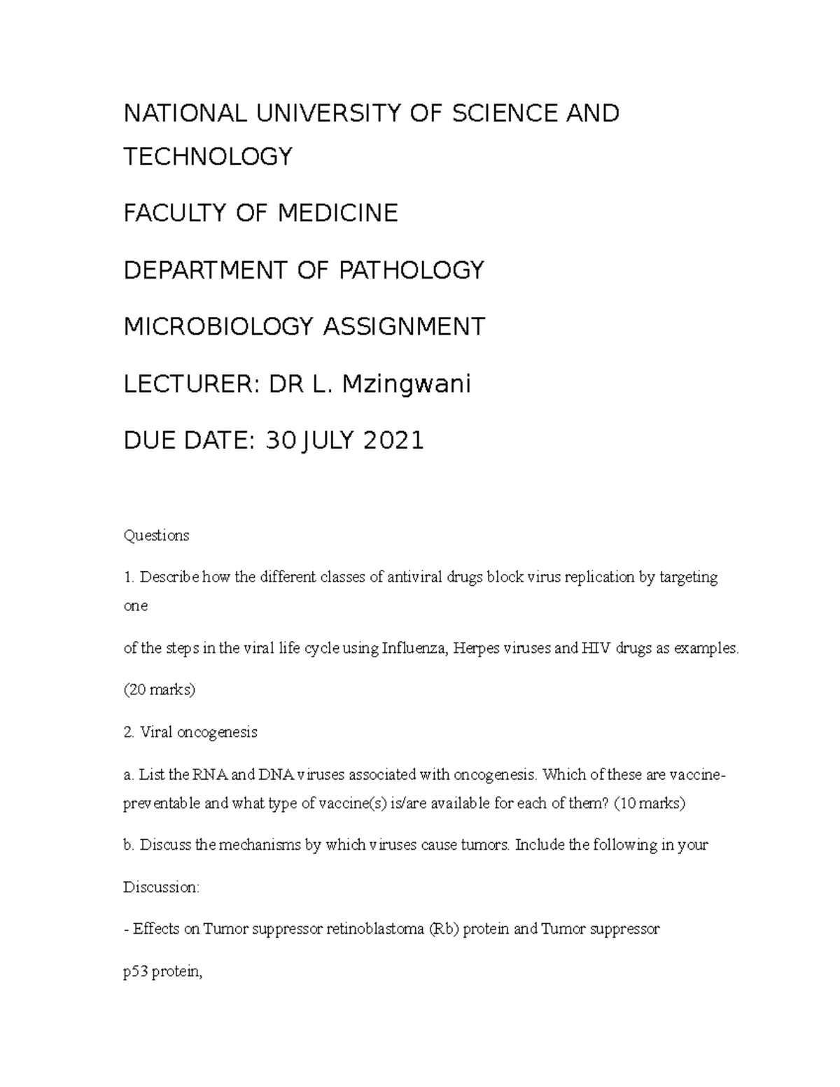 Brendon Moyo virology assignment - internal medicine - NUST - Studocu