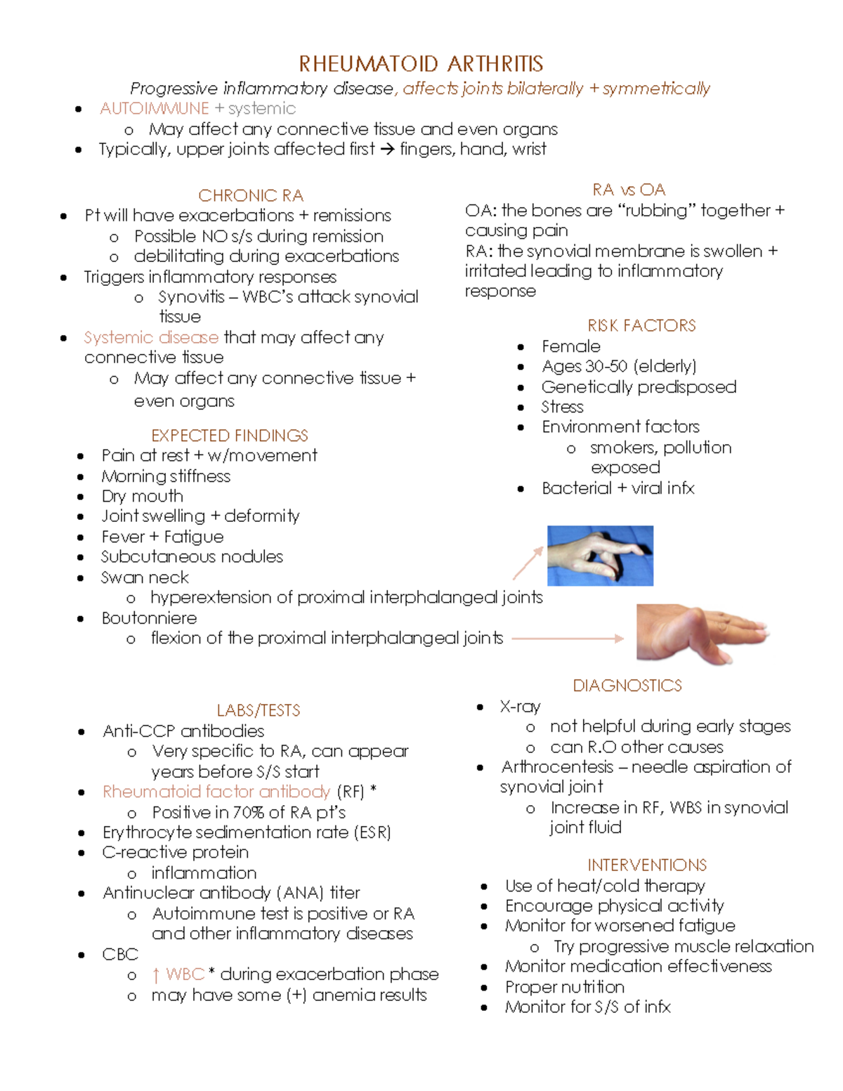 Rheumatoid Arthritis and Lupus study guide - RHEUMATOID ARTHRITIS ...