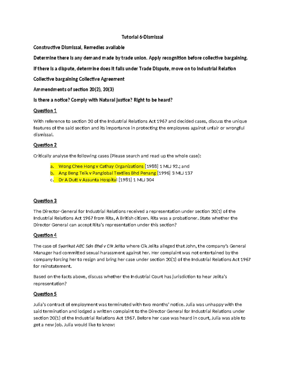 Tutorial 6 (Week 5) labour - Tutorial 6-Dismissal Constructive ...