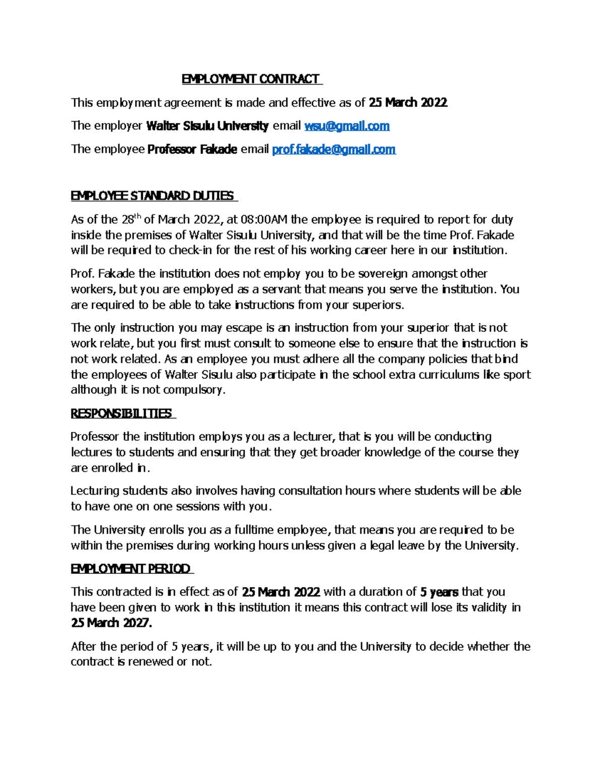 Contract A assignment - EMPLOYMENT CONTRACT This employment agreement ...