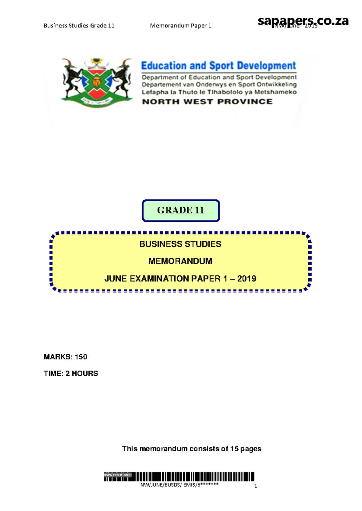 Business Studies GR 11 MEMO Paper 1 - Business Studies Grade 11 ...