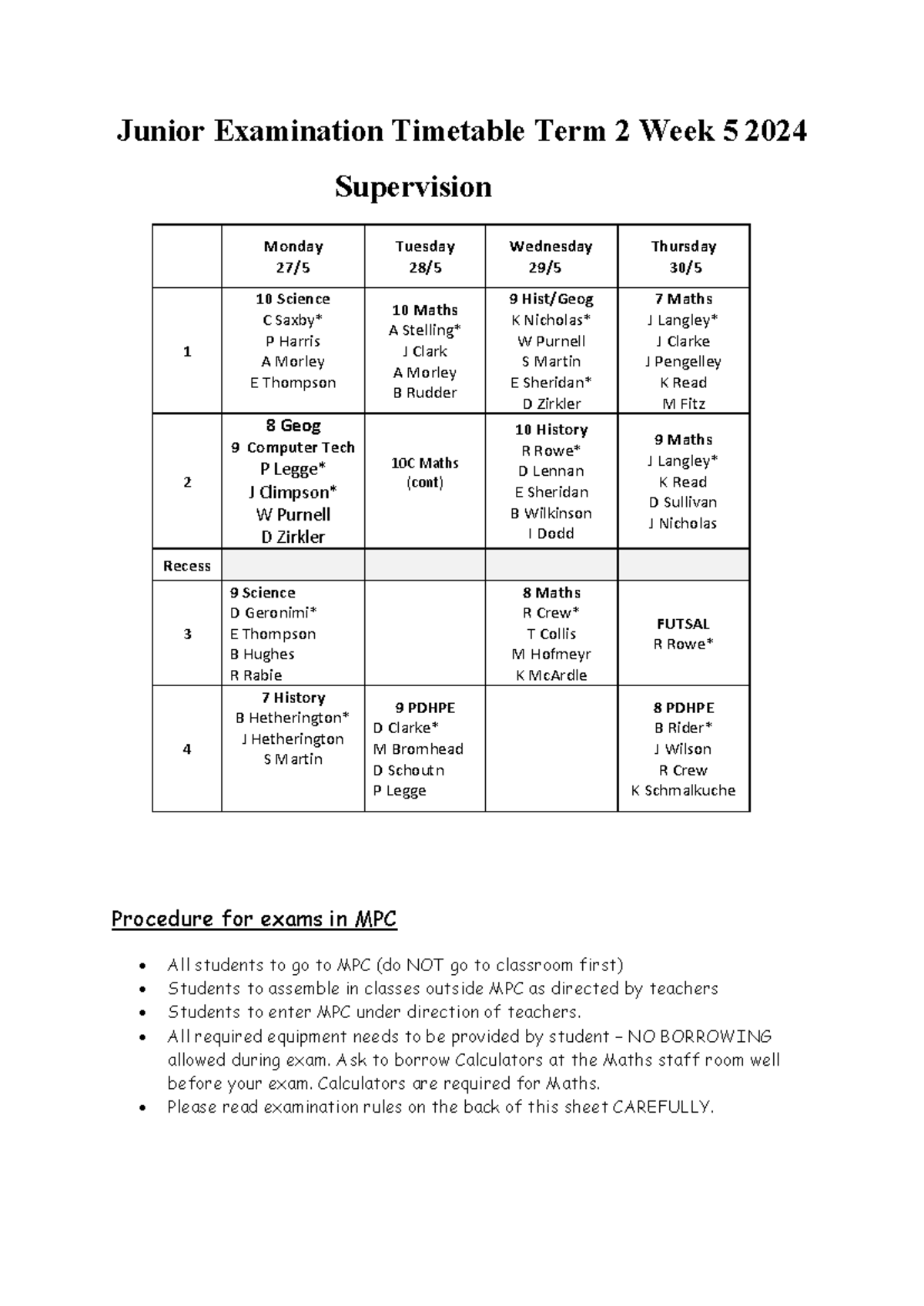 2024juniorhalfyearlyexams Supervision - Junior Examination Timetable ...