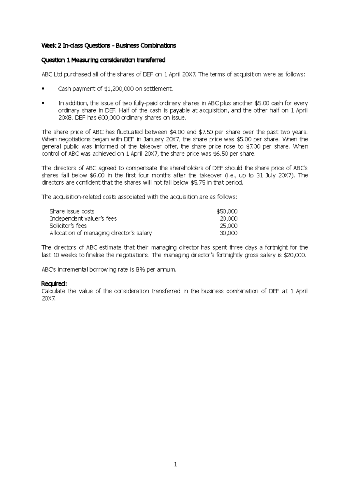 Week 2 In-class Questions w Solution - Week 2 In-class Questions - Business Combinations ...