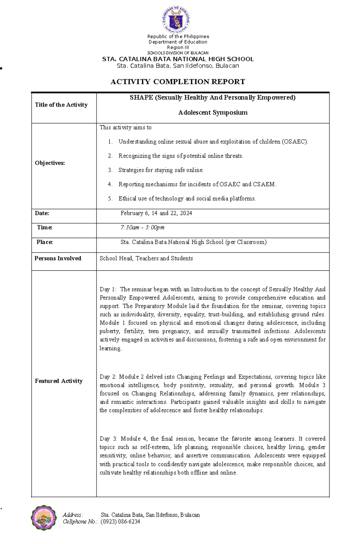 ACR-dalireskwela - sample accomplishment completion - Department of ...