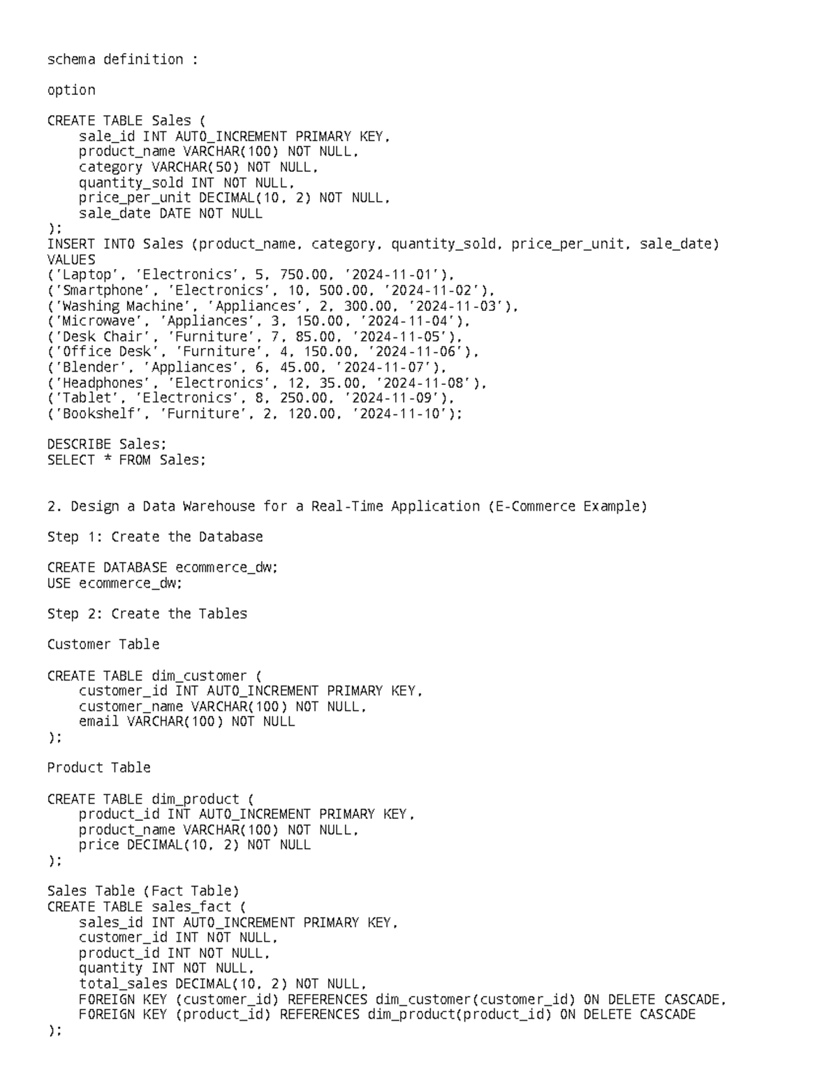 Dw exp 9 bshdhjdjdjd - schema definition : option CREATE TABLE Sales ...