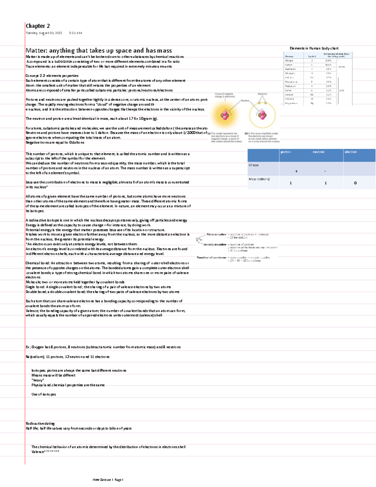 Bio pearson chapter 2 - Matter: anything that takes up space and has ...