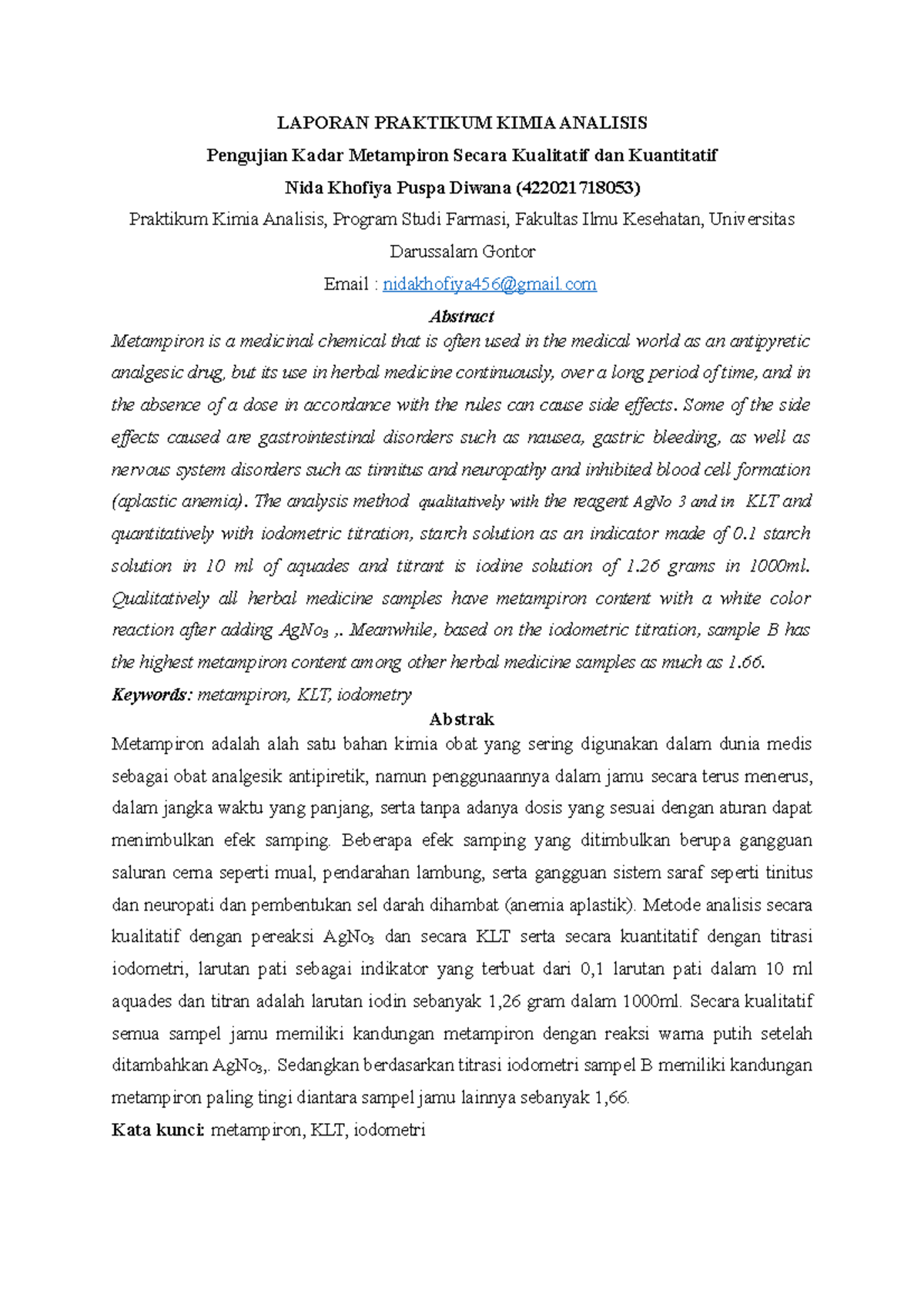 Pengujian Kadar Metampiron - LAPORAN PRAKTIKUM KIMIA ANALISIS Pengujian ...