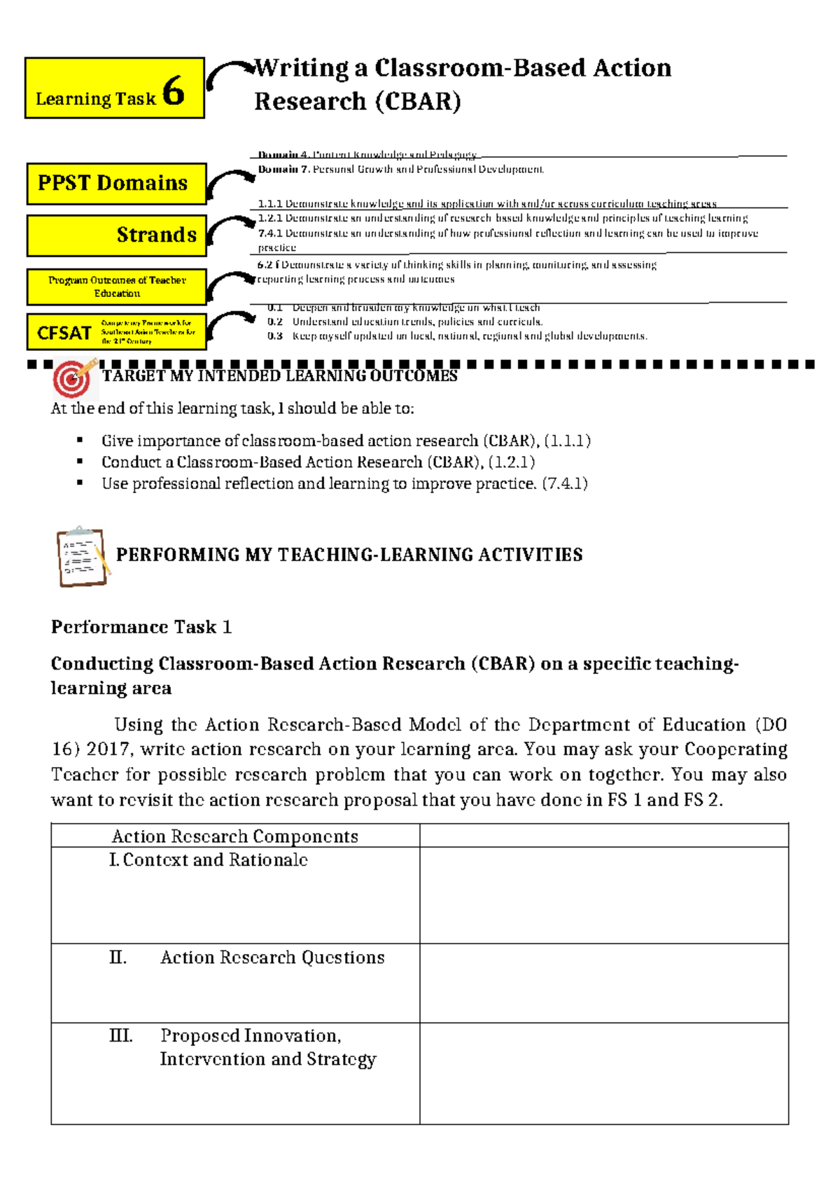 011 PROF-ED - fe2 - Writing a Classroom-Based Action Research (CBAR) TARGET MY INTENDED LEARNING ...