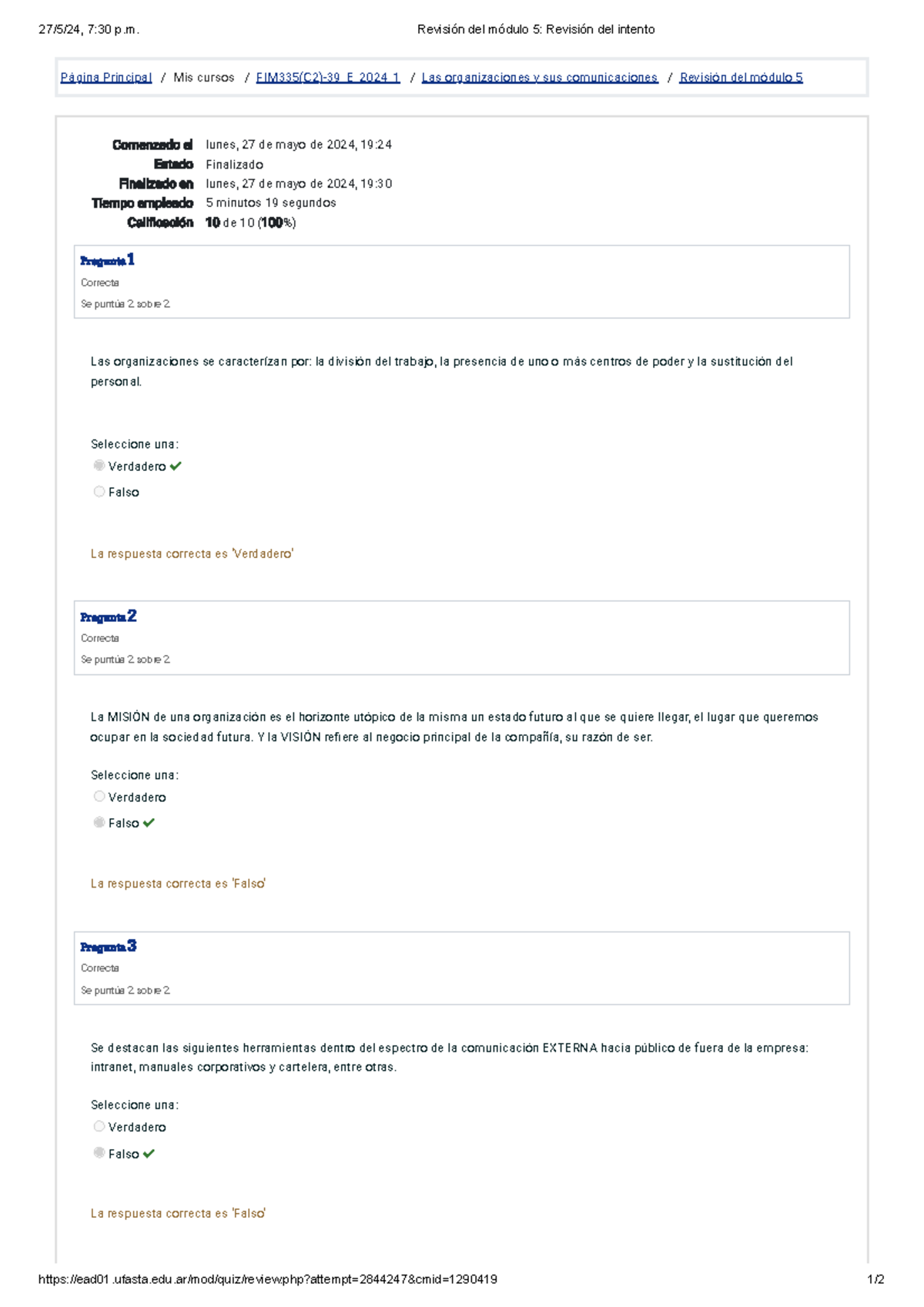 Revisión del módulo 5 Revisión del intento - Página Principal / Mis ...