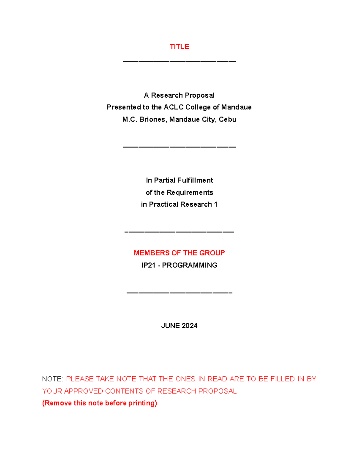 Research Proposal Format for Final Output - TITLE ...