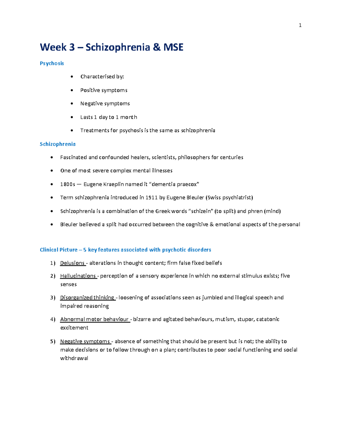 Week 3 Mental Health – Schizophrenia and MSE - Week 3 – Schizophrenia ...