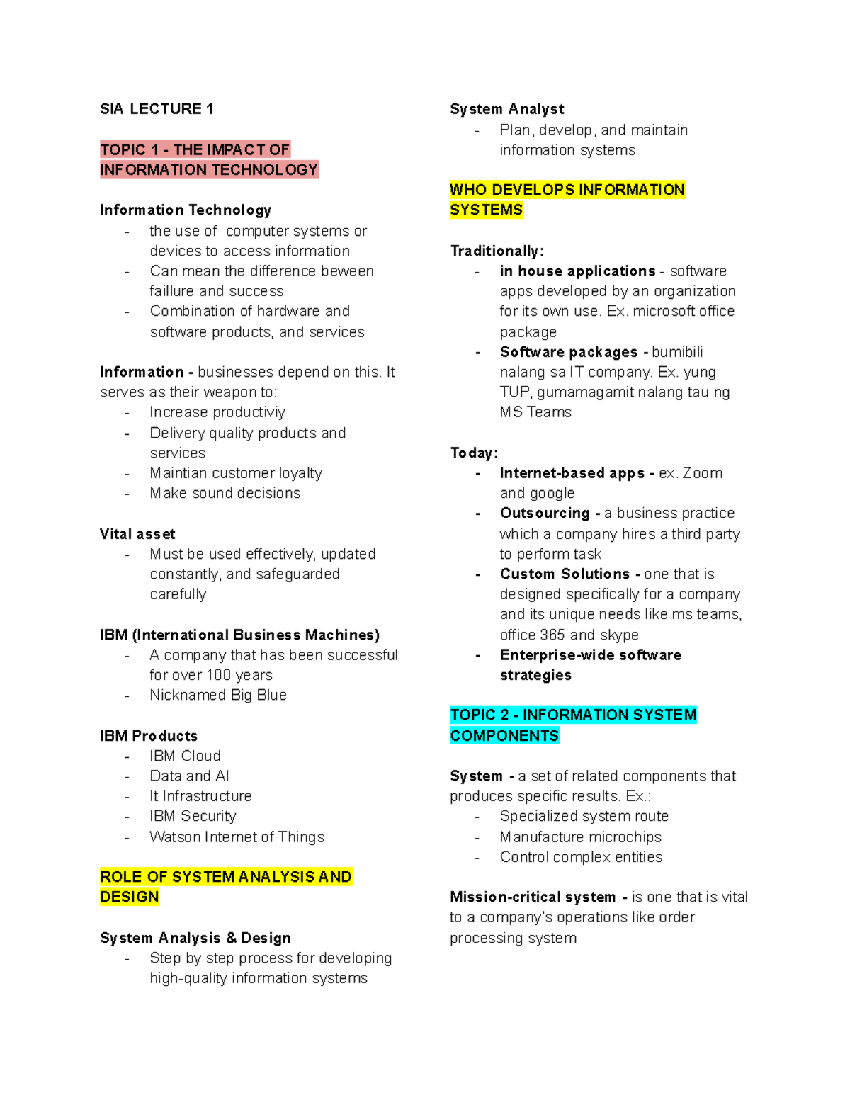 SIA Quiz 1 Reviewer - SIA LECTURE 1 TOPIC 1 - THE IMPACT OF INFORMATION TECHNOLOGY Information ...
