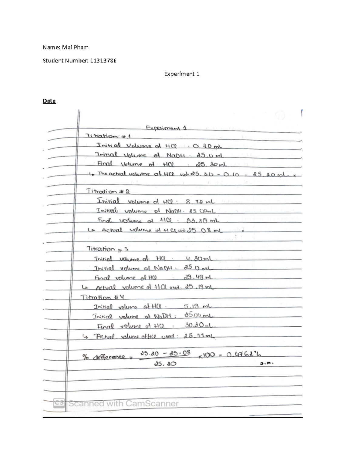 Experiment 1 - Name: Mai Pham Student Number: 11313786 Experiment 1 Data Weight of flask +water ...