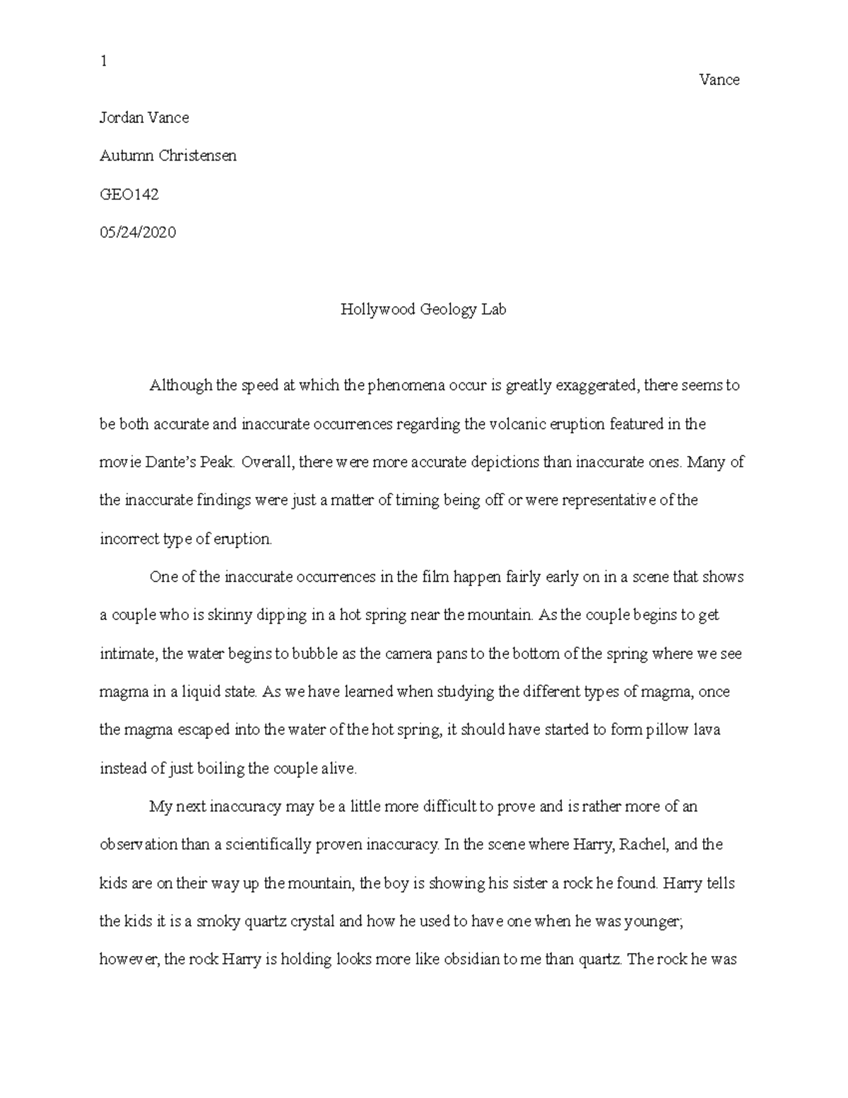 GEO142- Hollywood Geology Lab - Vance Jordan Vance Autumn Christensen ...