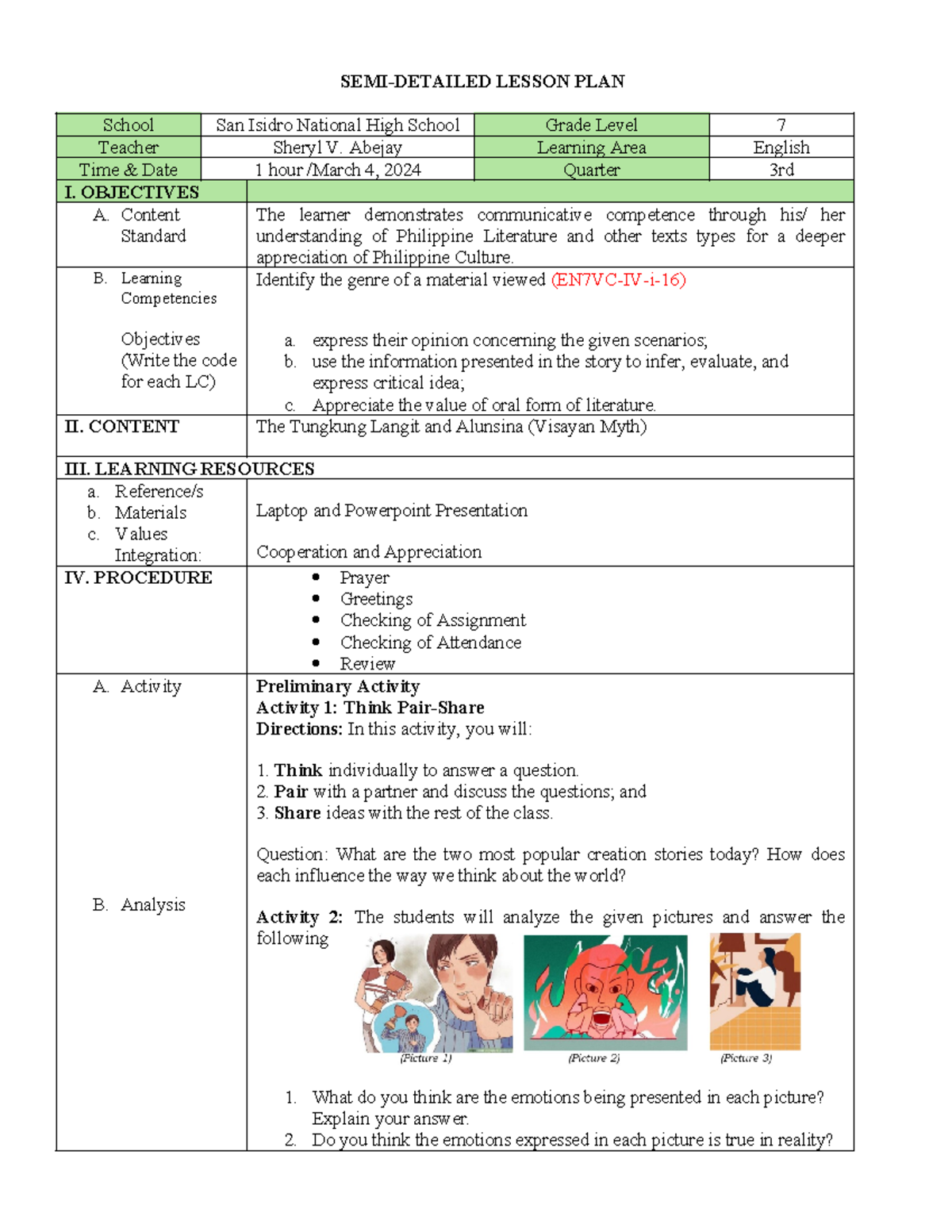 Lesson PLAN - Module 3Tungkung Langit and Alunsina - SEMI-DETAILED LESSON PLAN School San Isidro ...