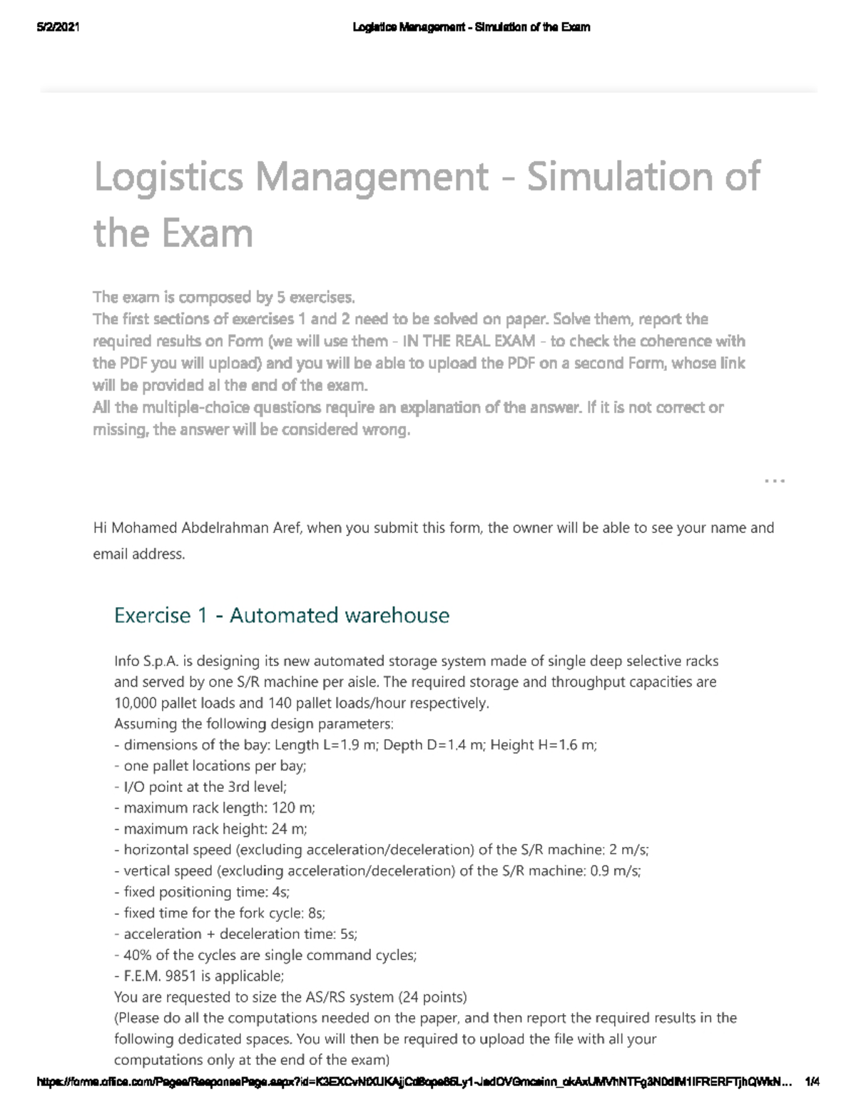 Exam simulation 1 - Simulazione d'esame - Logistics management - Studocu