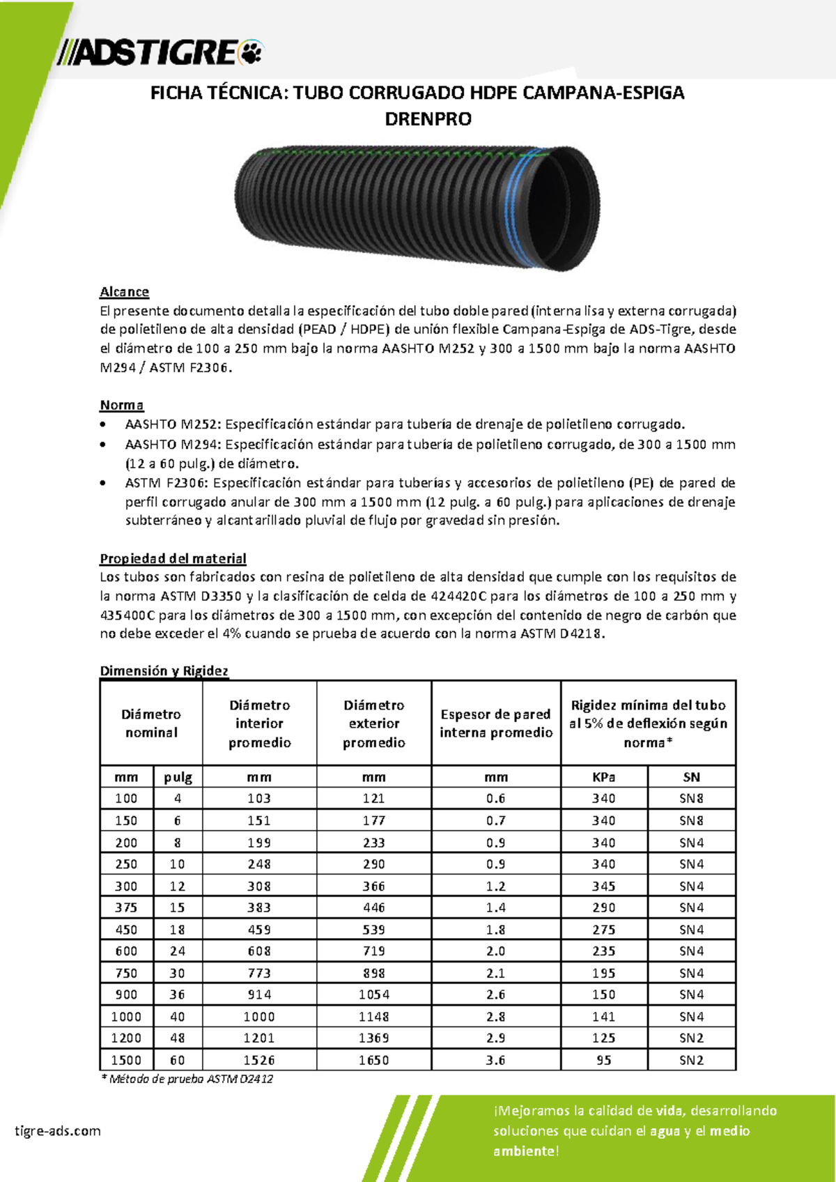 FT TUBO Corrugado HDPE Campana- Espiga Drenpro ( Aashto M252 - Aashto ...
