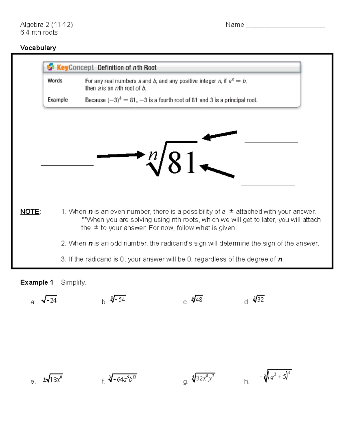 6.4 nth Rootsyy - Algebra 2 (11-12) Name _____________________ 6 nth ...
