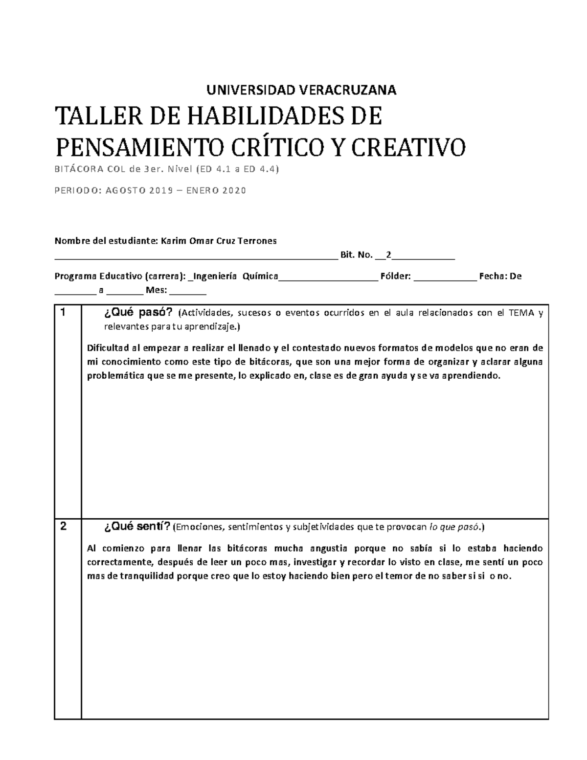 Bitácora COL 3er nivell - UNIVERSIDAD VERACRUZANA TALLER DE HABILIDADES ...