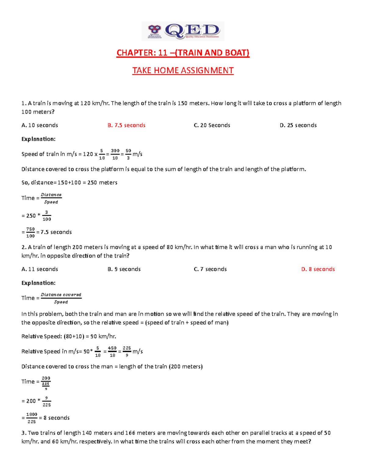 Train AND BOAT - Take Home Assignment Solution - CHAPTER: 11 – (TRAIN AND BOAT) TAKE HOME ...