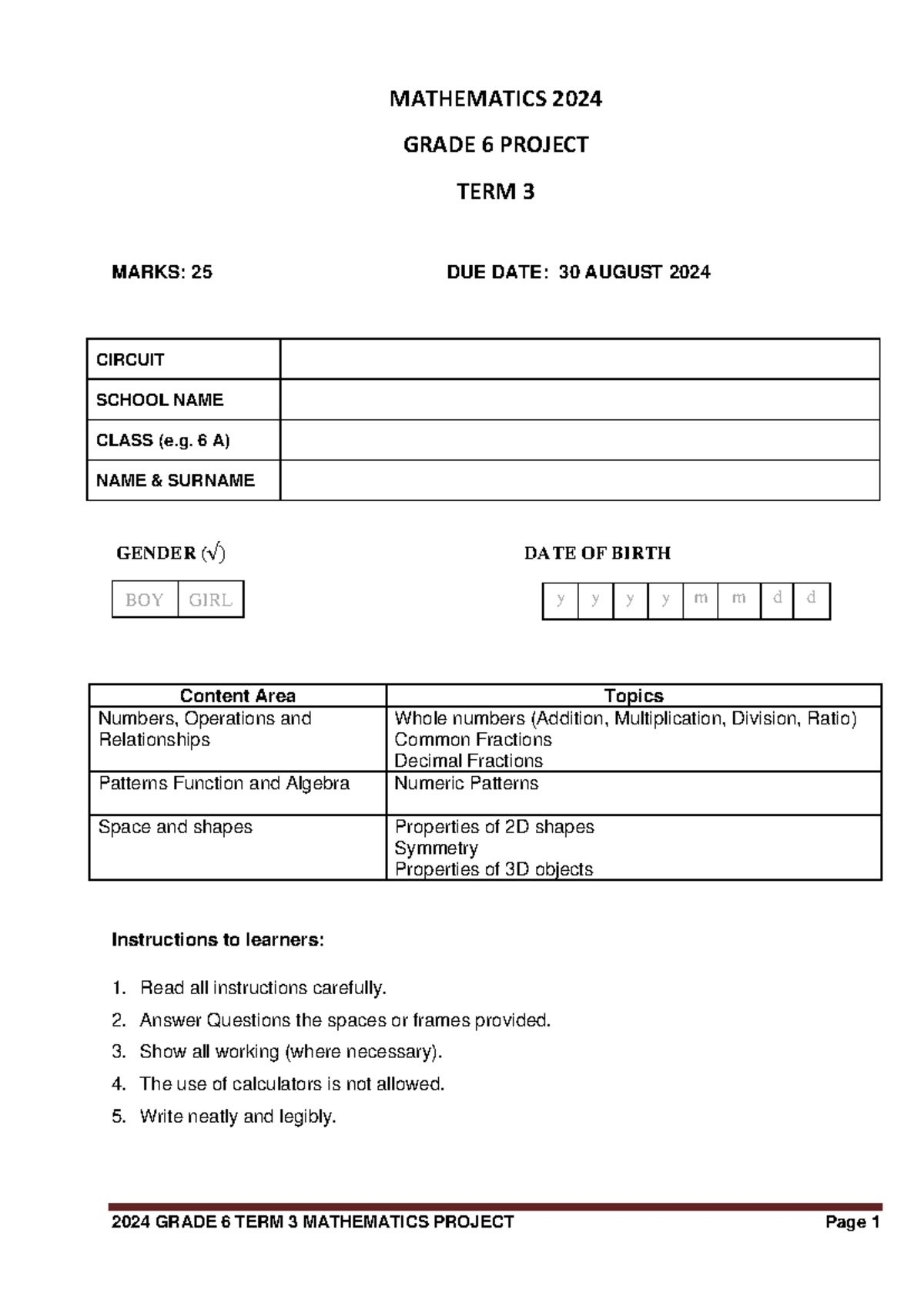 Grade 6 Mathematics Project TERM 3 2024 051405-1 - MATHEMATICS 202 4 GRADE 6 PROJECT TERM 3 ...