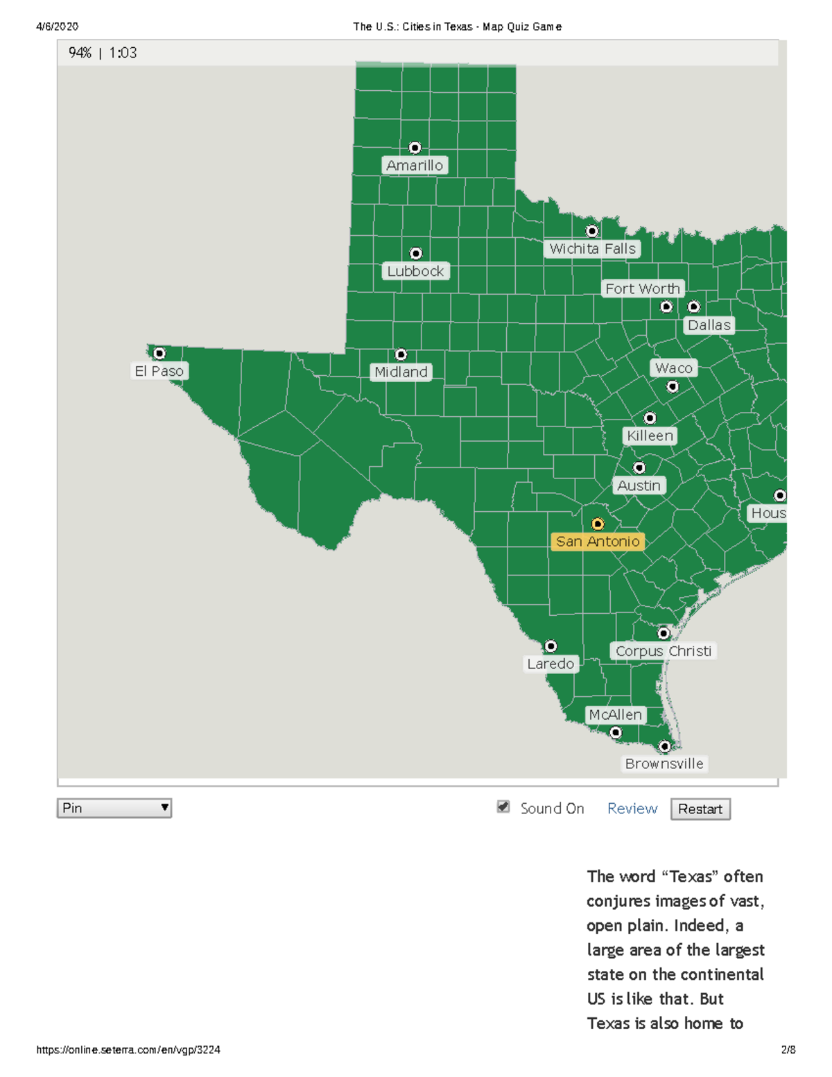 The U.S. Cities in Texas - Map Quiz Game - 4/6/2020 The U.: Cities in ...