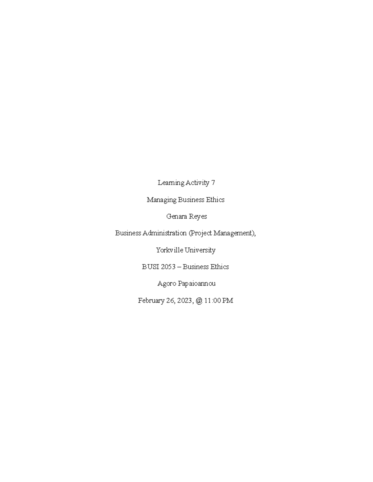 Learning Activity 7 - LA7 - Learning Activity 7 Managing Business ...