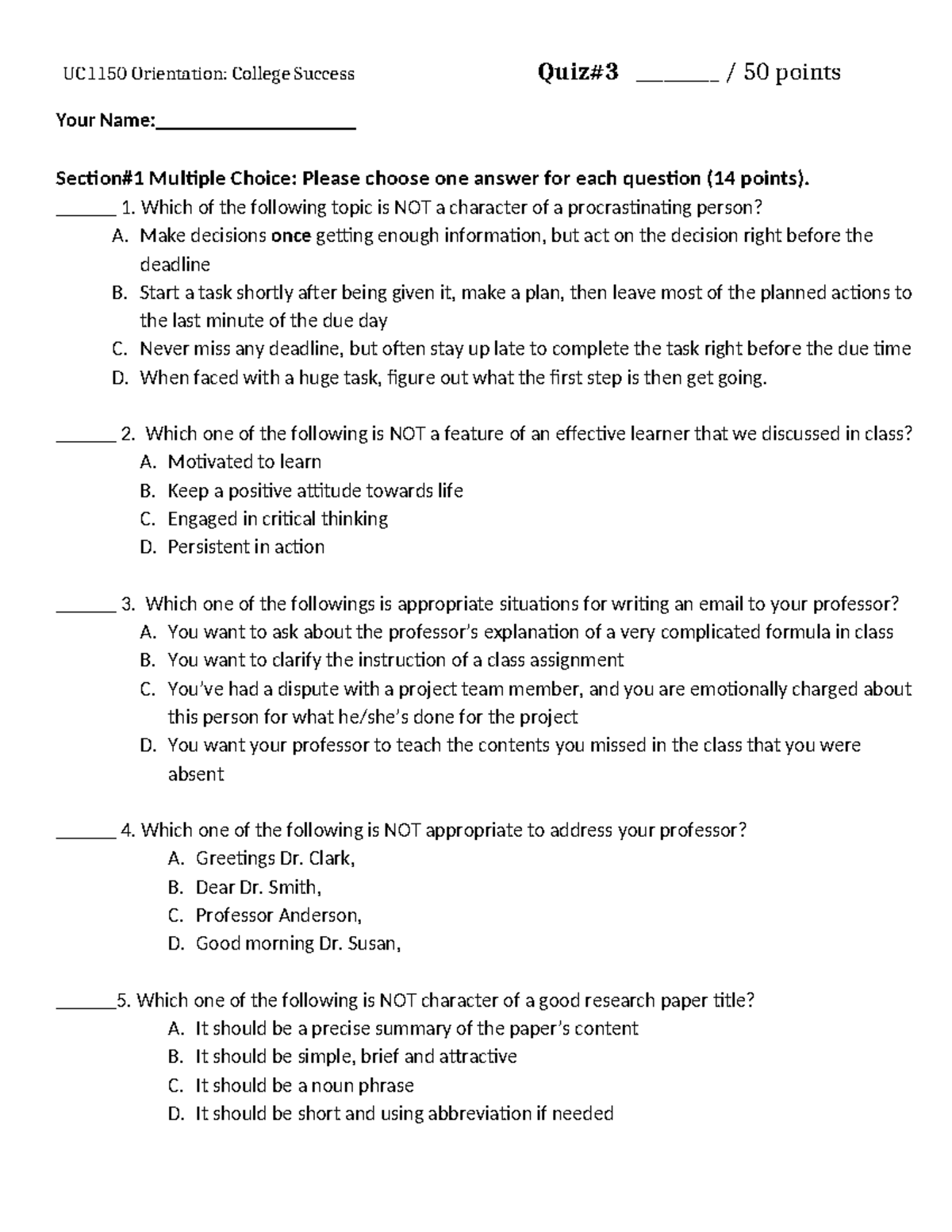 UC1150 Quiz 3 - Your Name:____________________ Section#1 Multiple ...