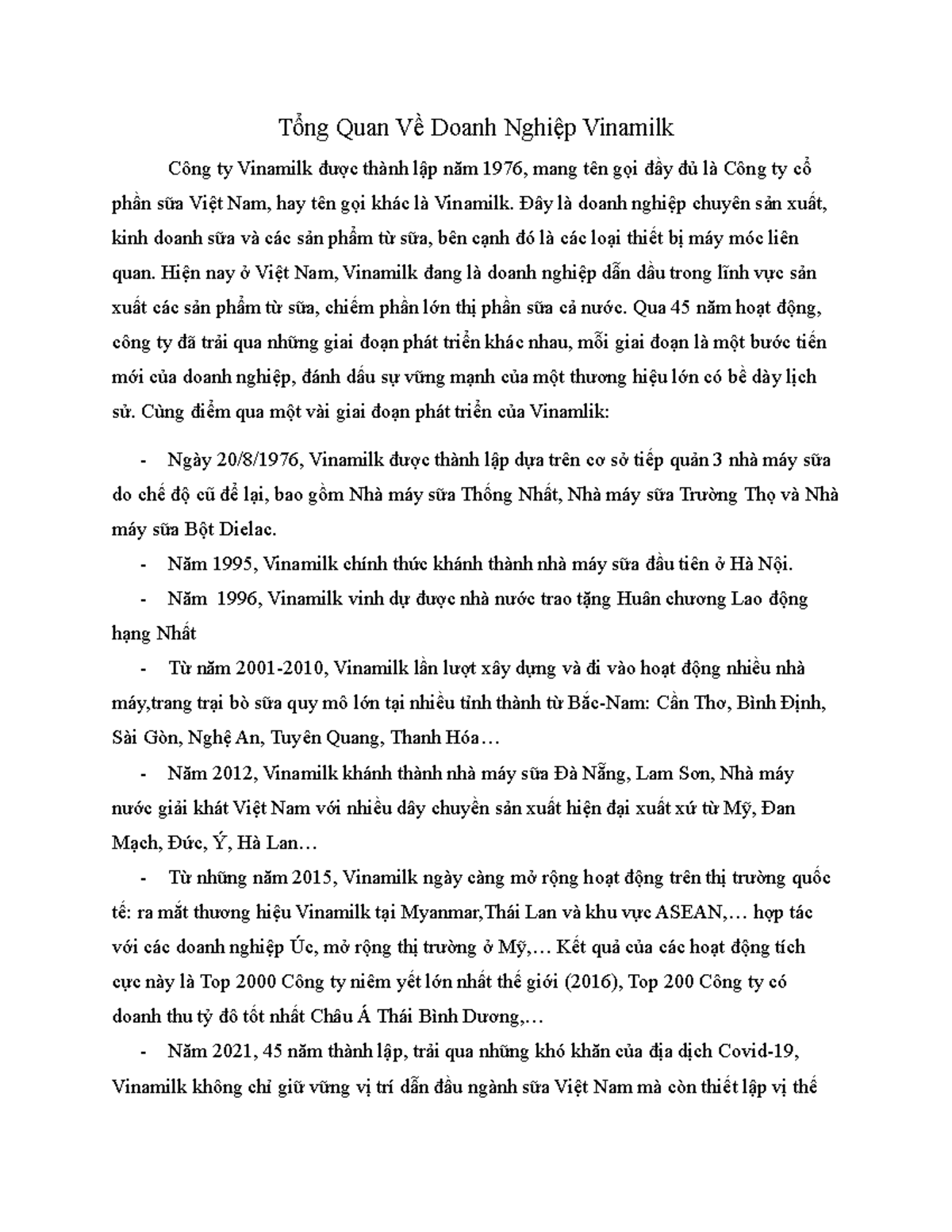BTL TCTT - bài tập lớn tài chính tiền tệ - Tổng Quan Về Doanh Nghiệp Vinamilk Công ty Vinamilk ...