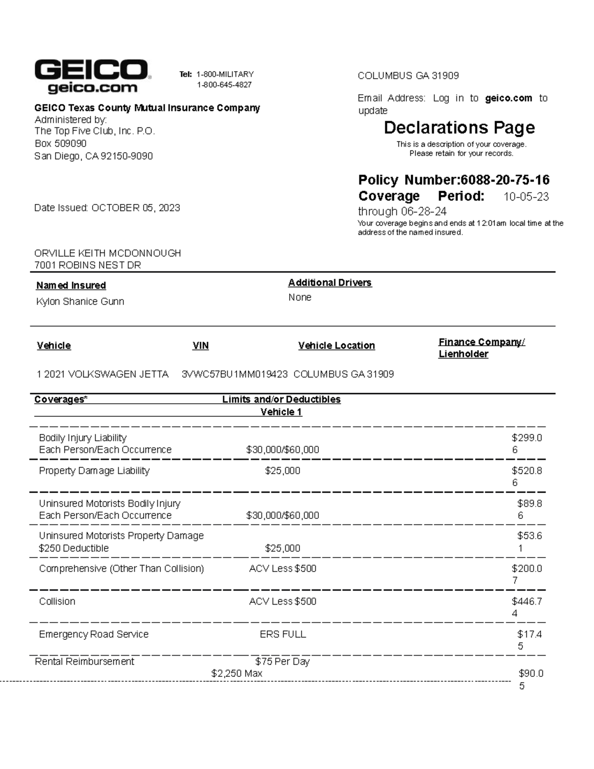 Insurance - C,DCMC - Tel: 1-800-MILITARY 1-800-645- GEICO Texas County ...