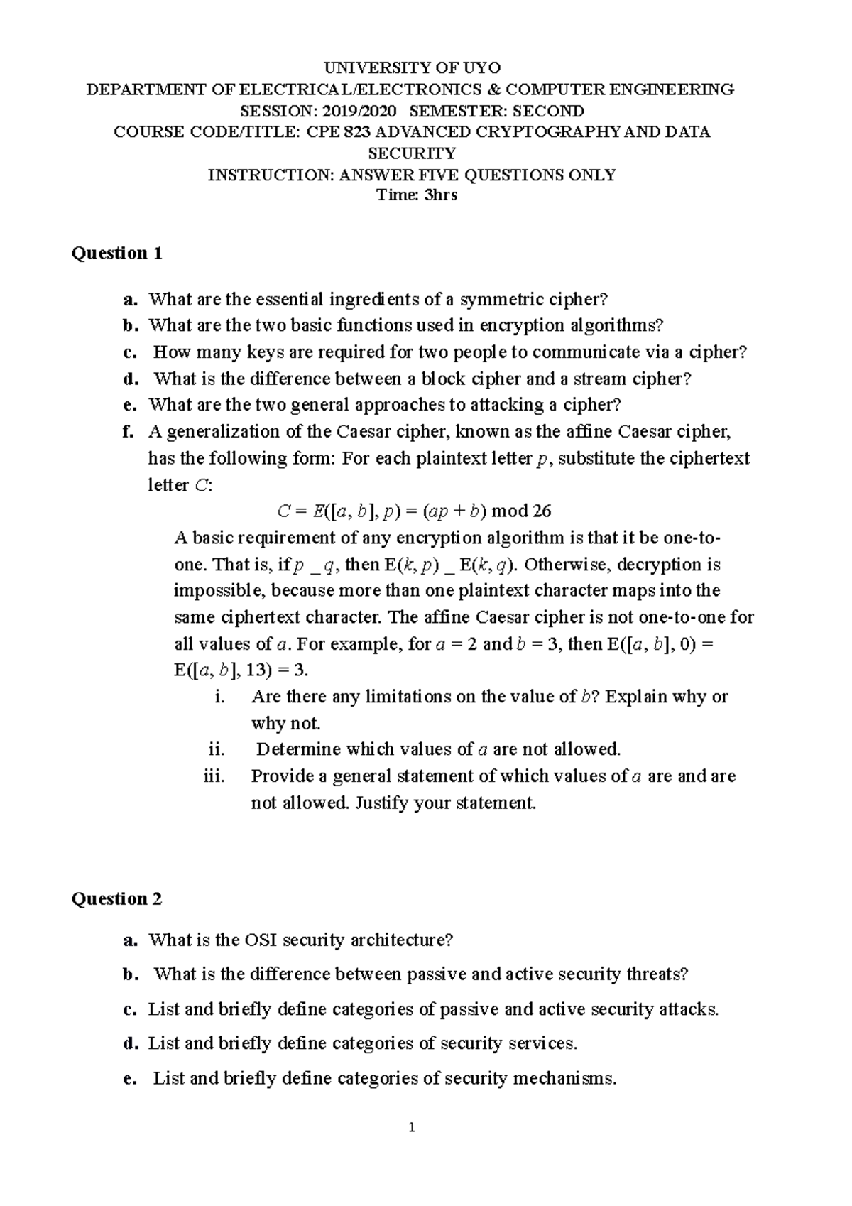 Cryptography and network security examination - UNIVERSITY OF UYO ...