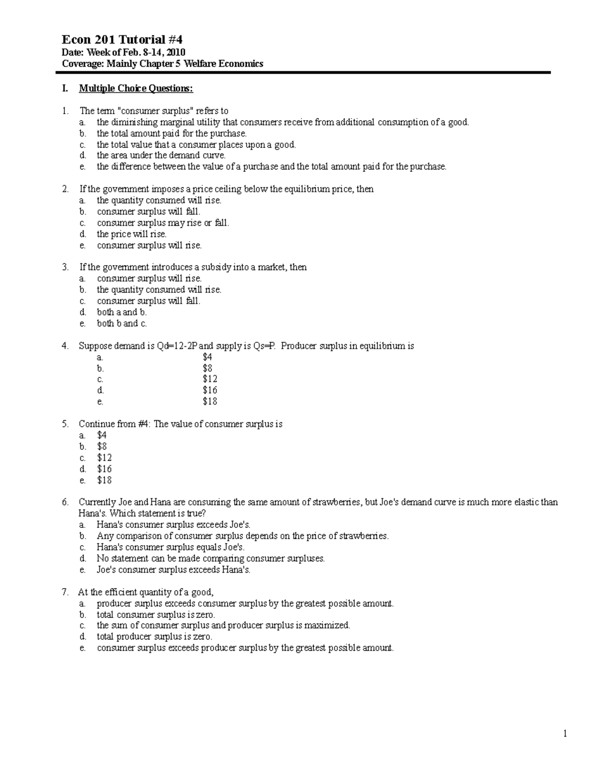 201-tutorial-4 questions to student for examination preparation - Econ 201 Tutorial Date: Week ...
