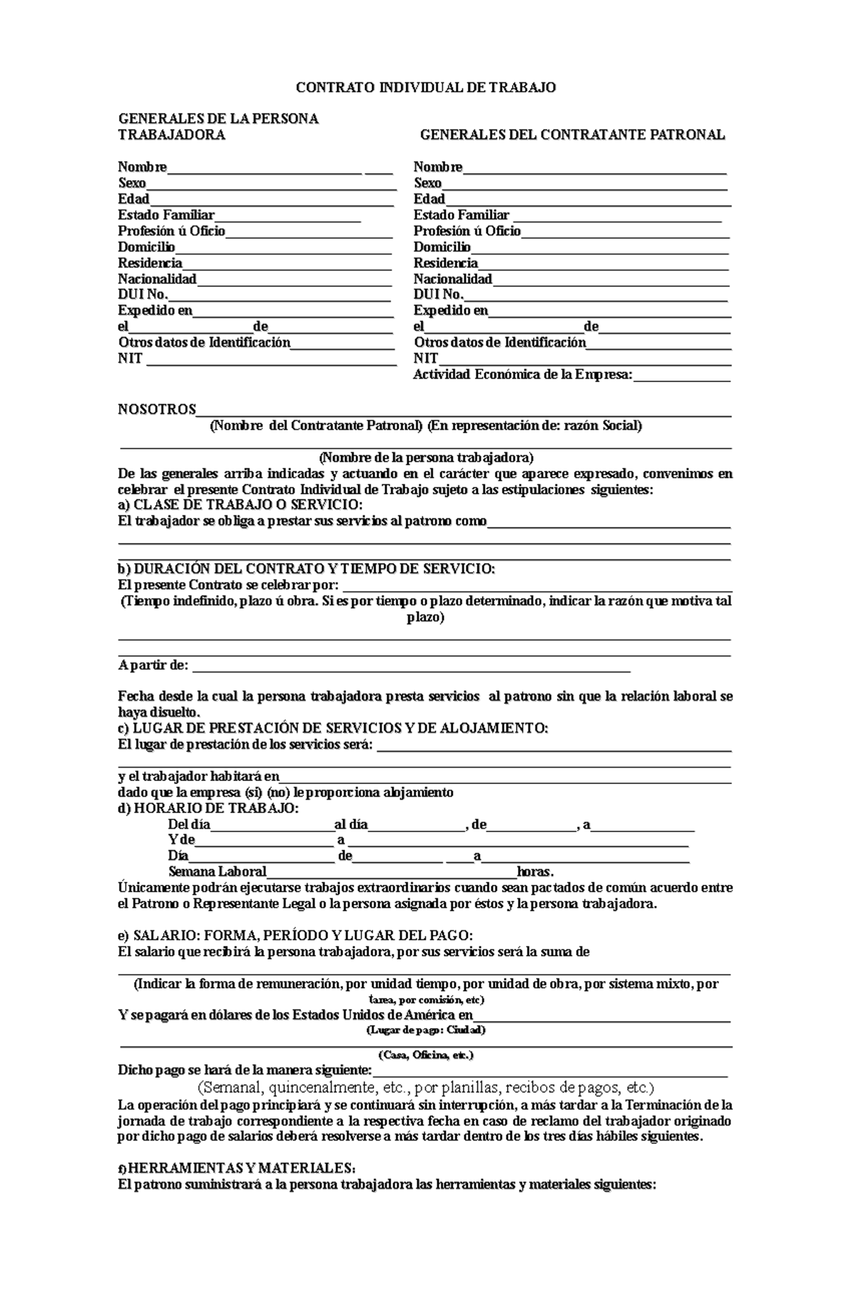 Formato contrato individual trabajo - CONTRATO INDIVIDUAL DE TRABAJOCONTRATO INDIVIDUAL DE ...