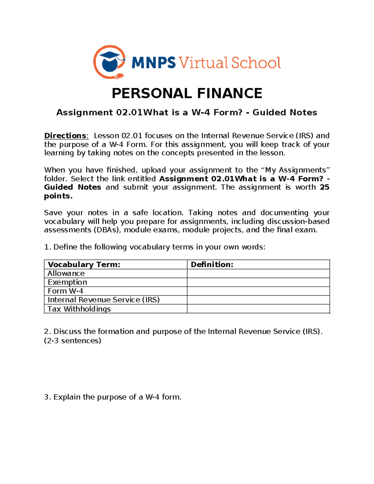 02.01 What is a W-4 Form Guided Notes - PERSONAL FINANCE Assignment 02 ...