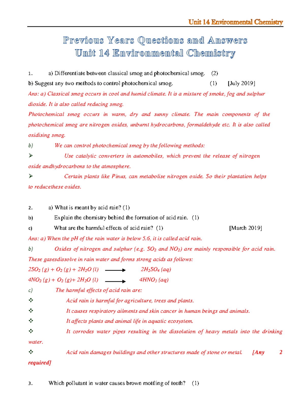 14. Environmental Chemistry - a) Differentiate between classical smog ...