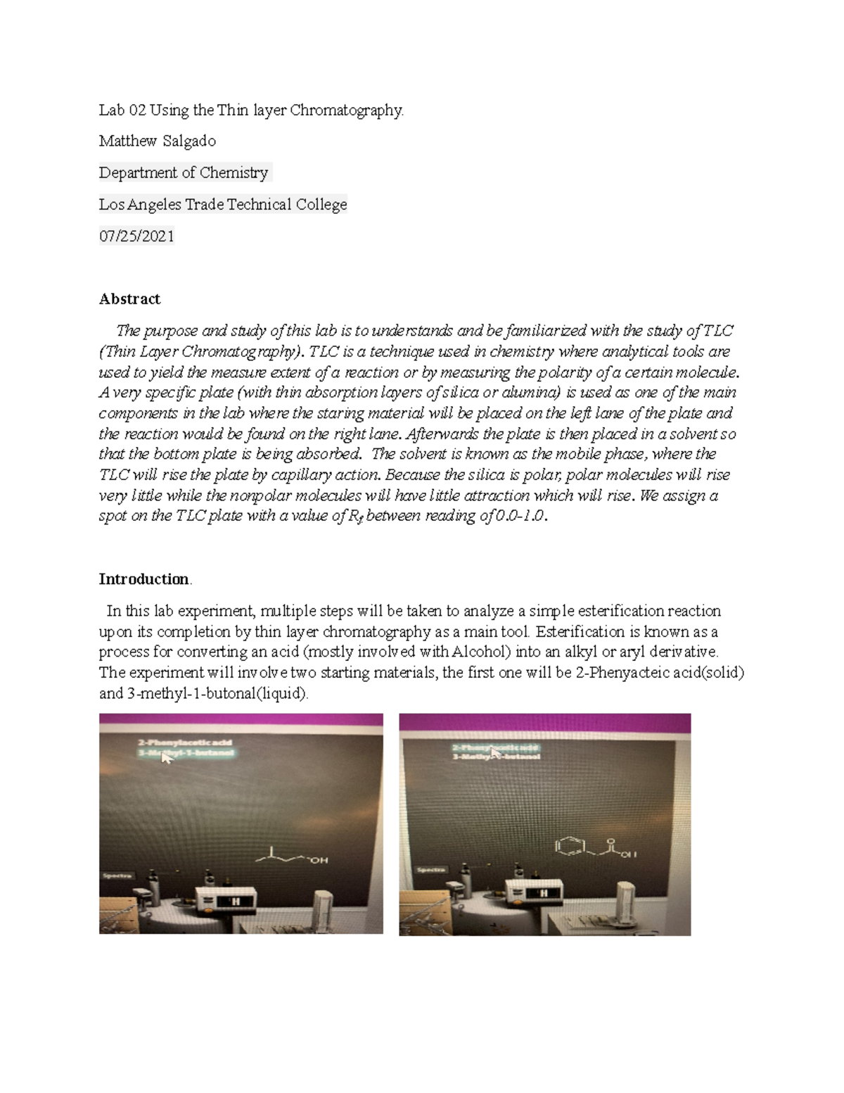 Lab2report - for reference - Lab 02 Using the Thin layer Chromatography ...
