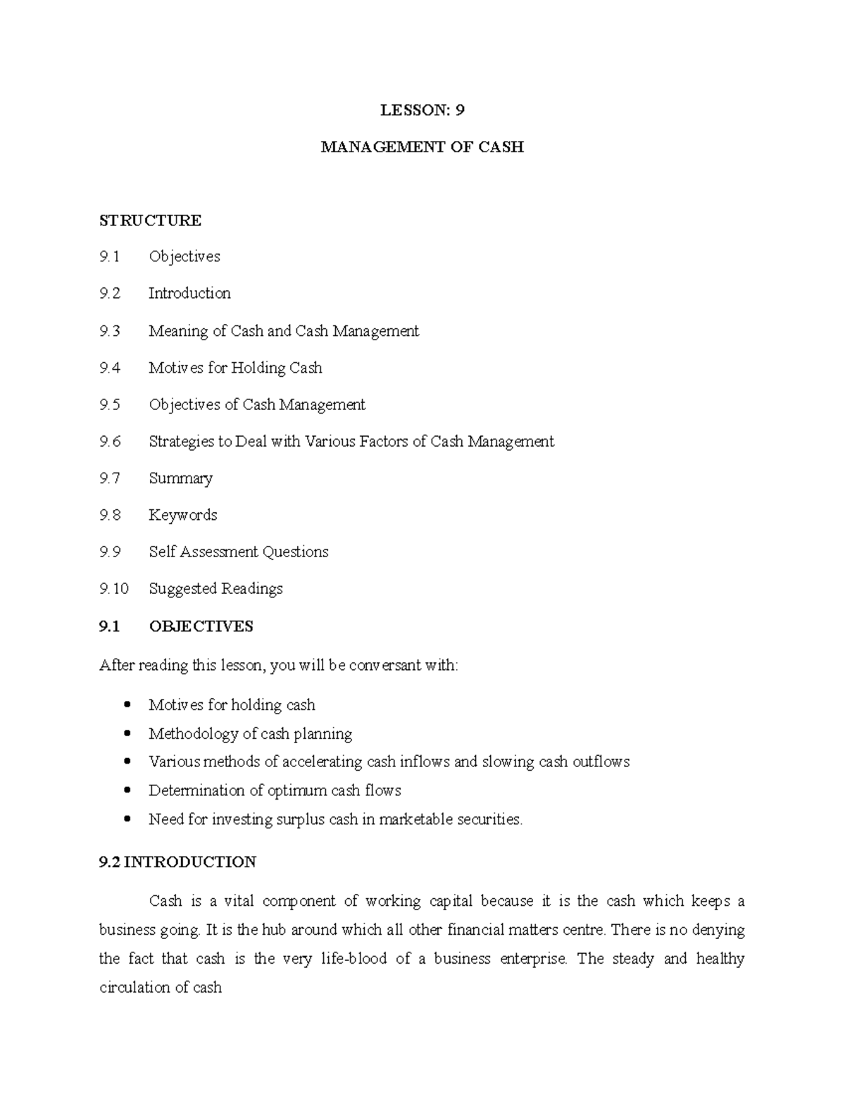 Lesson 9 - Detailed lecture notes - LESSON: 9 MANAGEMENT OF CASH ...