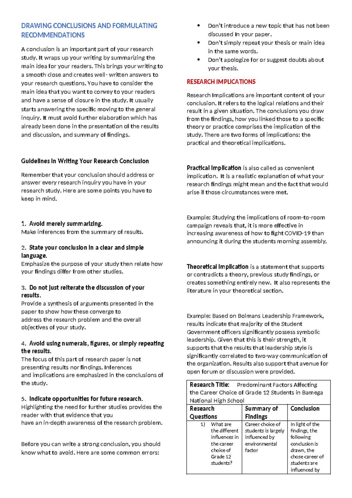 Drawing conclusions and recommendations - DRAWING CONCLUSIONS AND ...