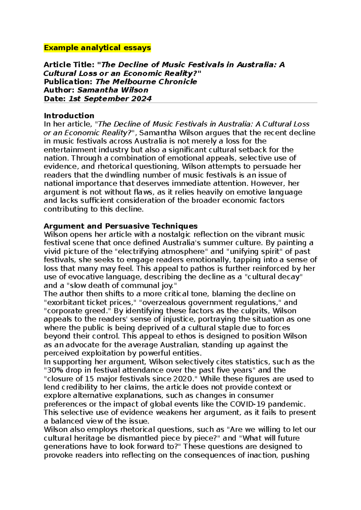 Example analytical essays - Example analytical essays Article Title ...