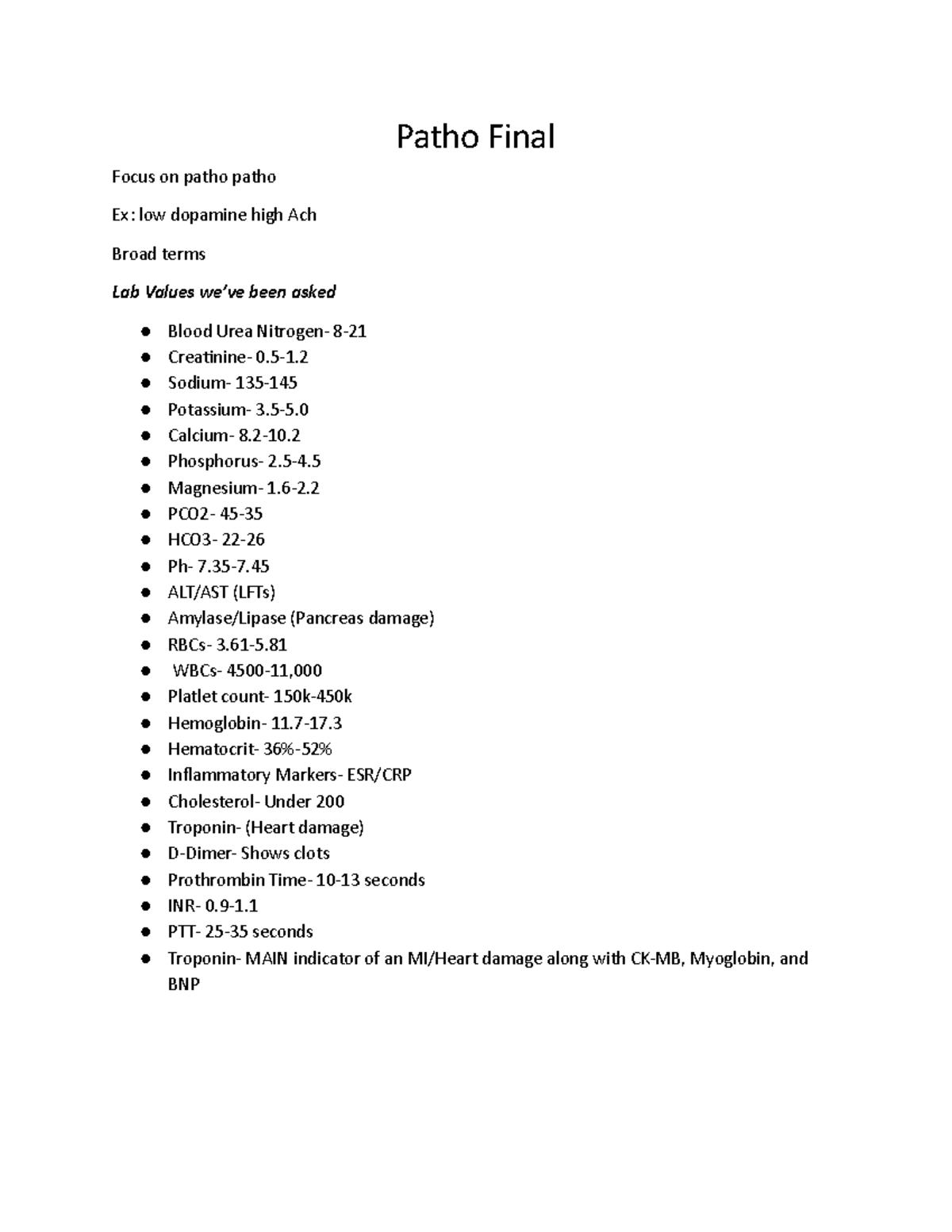 Patho Final Raw - Patho Final Focus on patho patho Ex: low dopamine ...