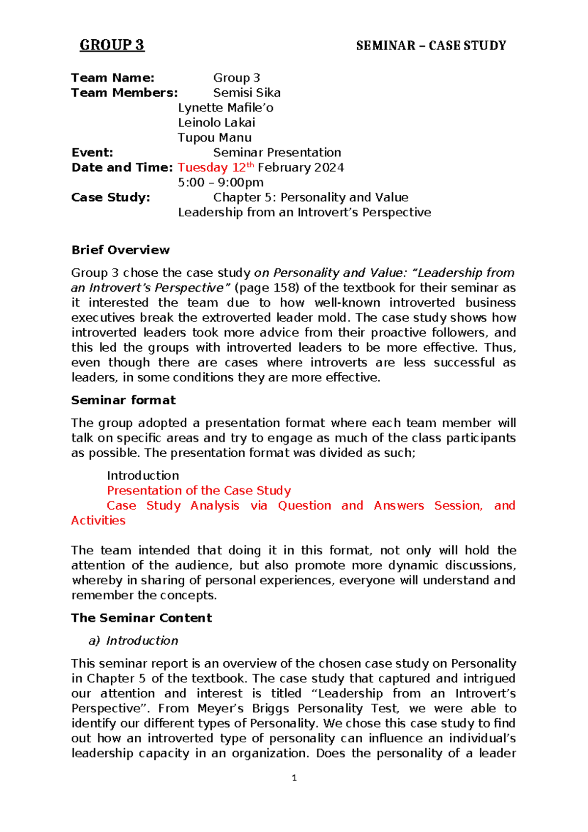 Seminar Report - Group 3 (Organizational Behaviours) - Team Name: Group ...