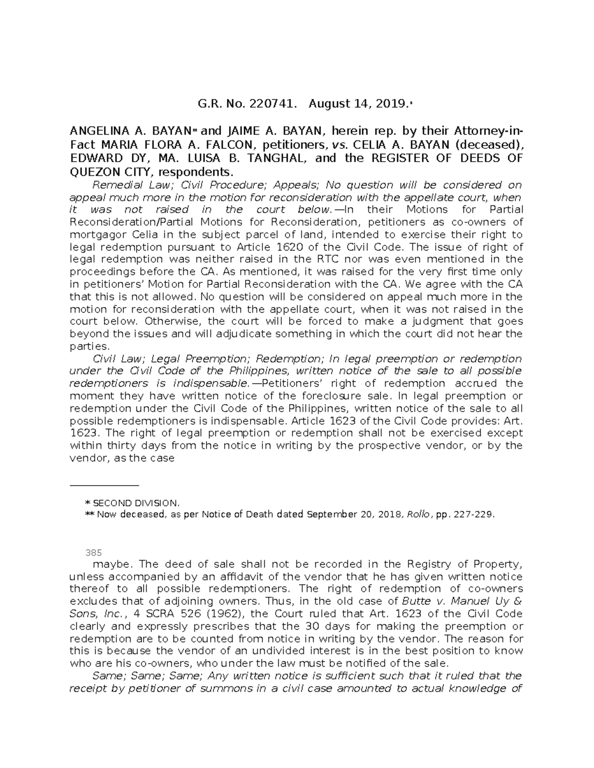 Bayan vs. Bayan - Case Files - G. No. 220741. August 14, 2019 ...
