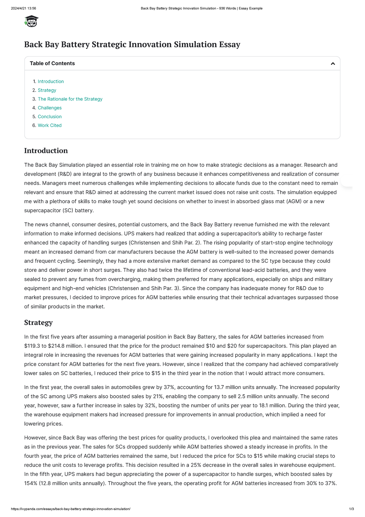 Back Bay Battery Strategic Innovation Simulation - 936 Words Essay ...