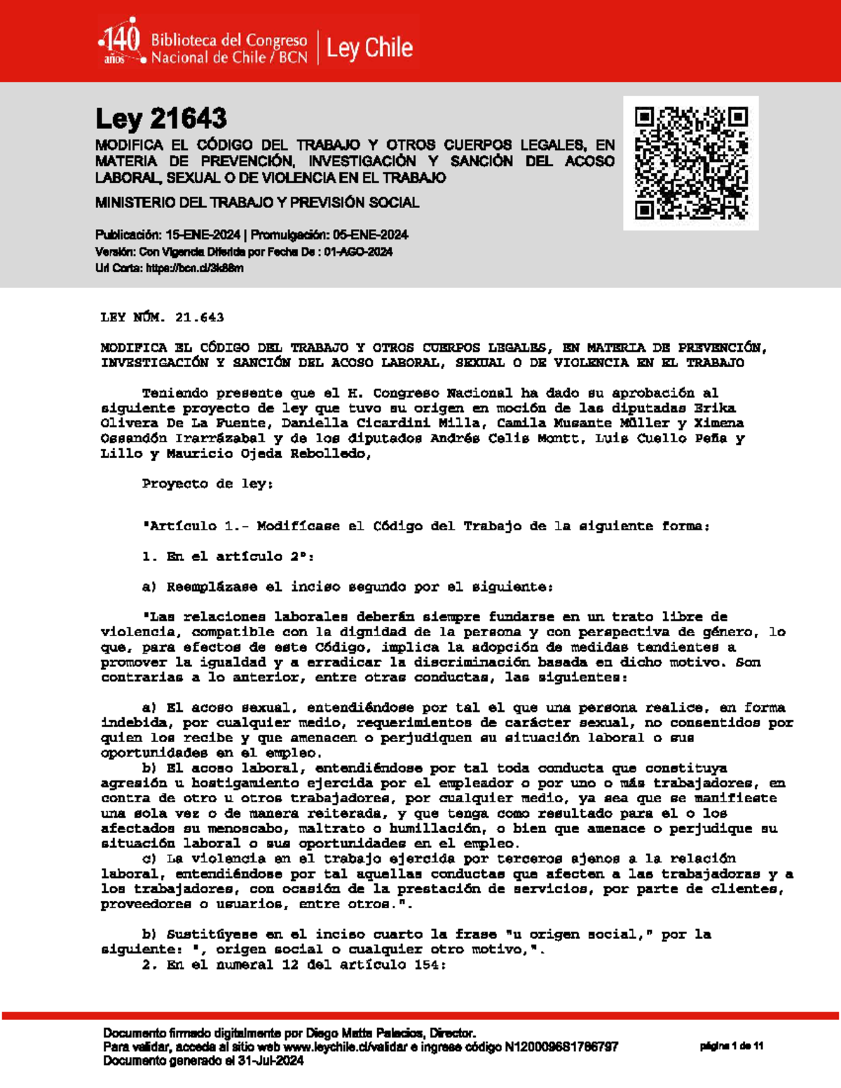 Ley Karin - ...... - 140 Biblioteca del Congreso años Nacional de Chile ...