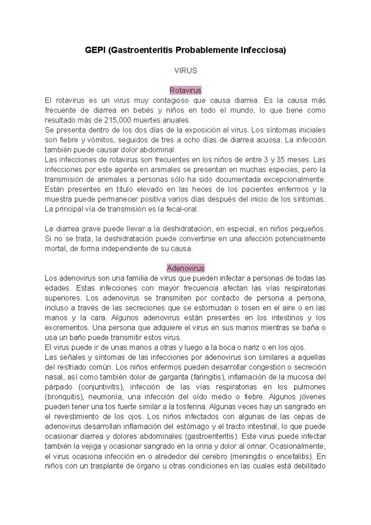 GEPI - GEPI - GEPI (Gastroenteritis Probablemente Infecciosa) VIRUS ...