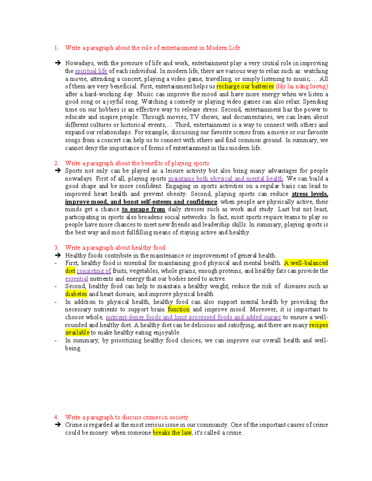 Writing tatq2 - 1. Write a paragraph about the role of entertainment in ...