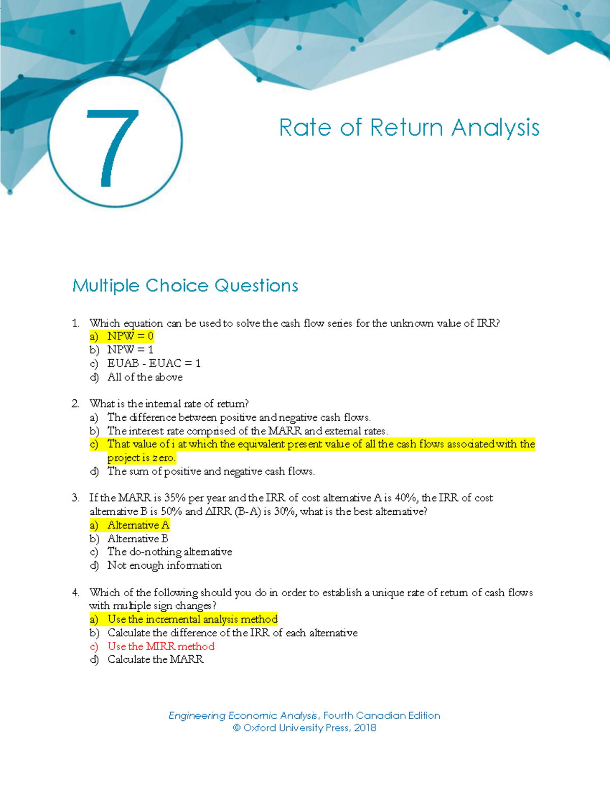 Chapter 7 practice questions - Engineering Economic Analysis , Fourth Canadian Edition Multiple ...