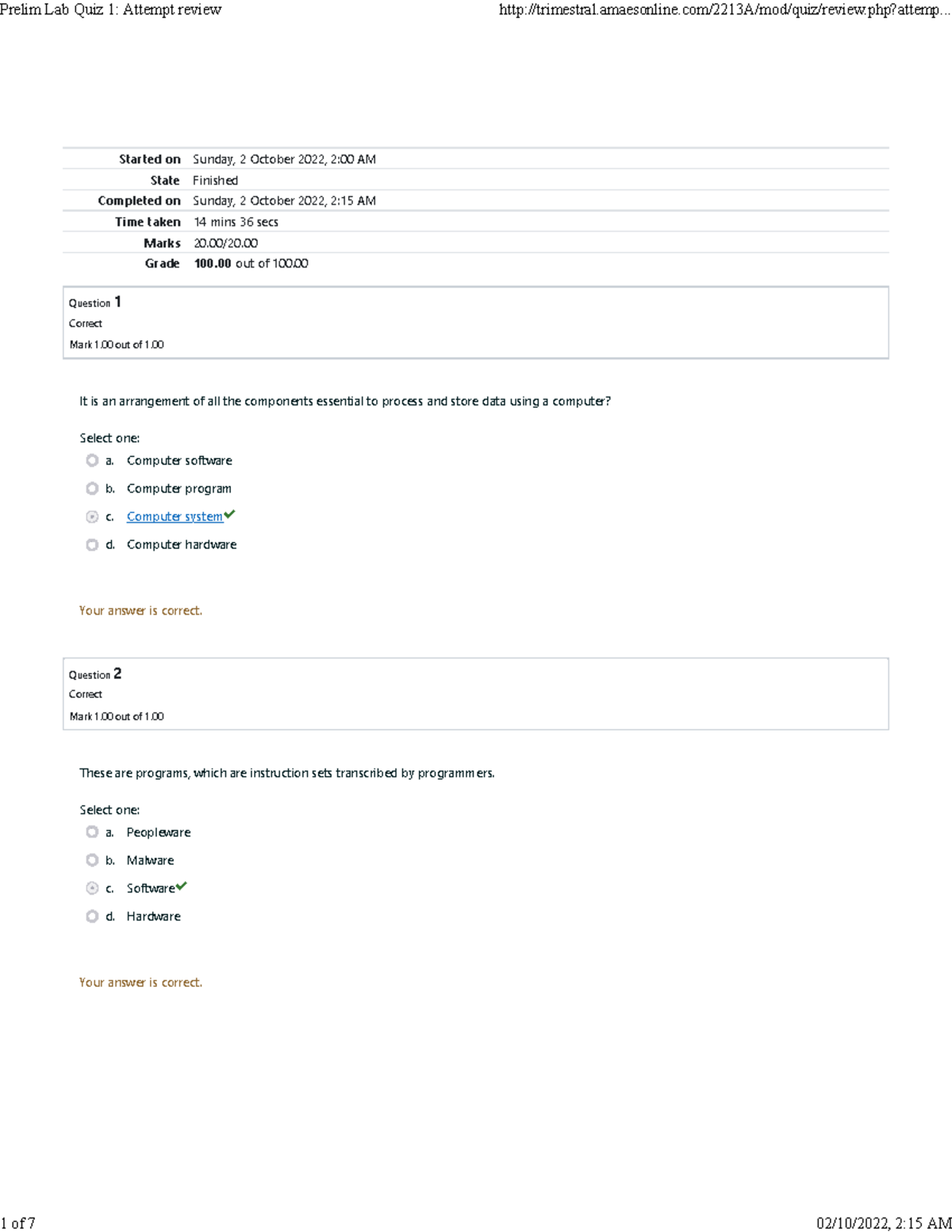 Programming Logic AND Design Prelim QUIZ 1 - Started on Sunday, 2 October 2022, 2:00 AM State ...